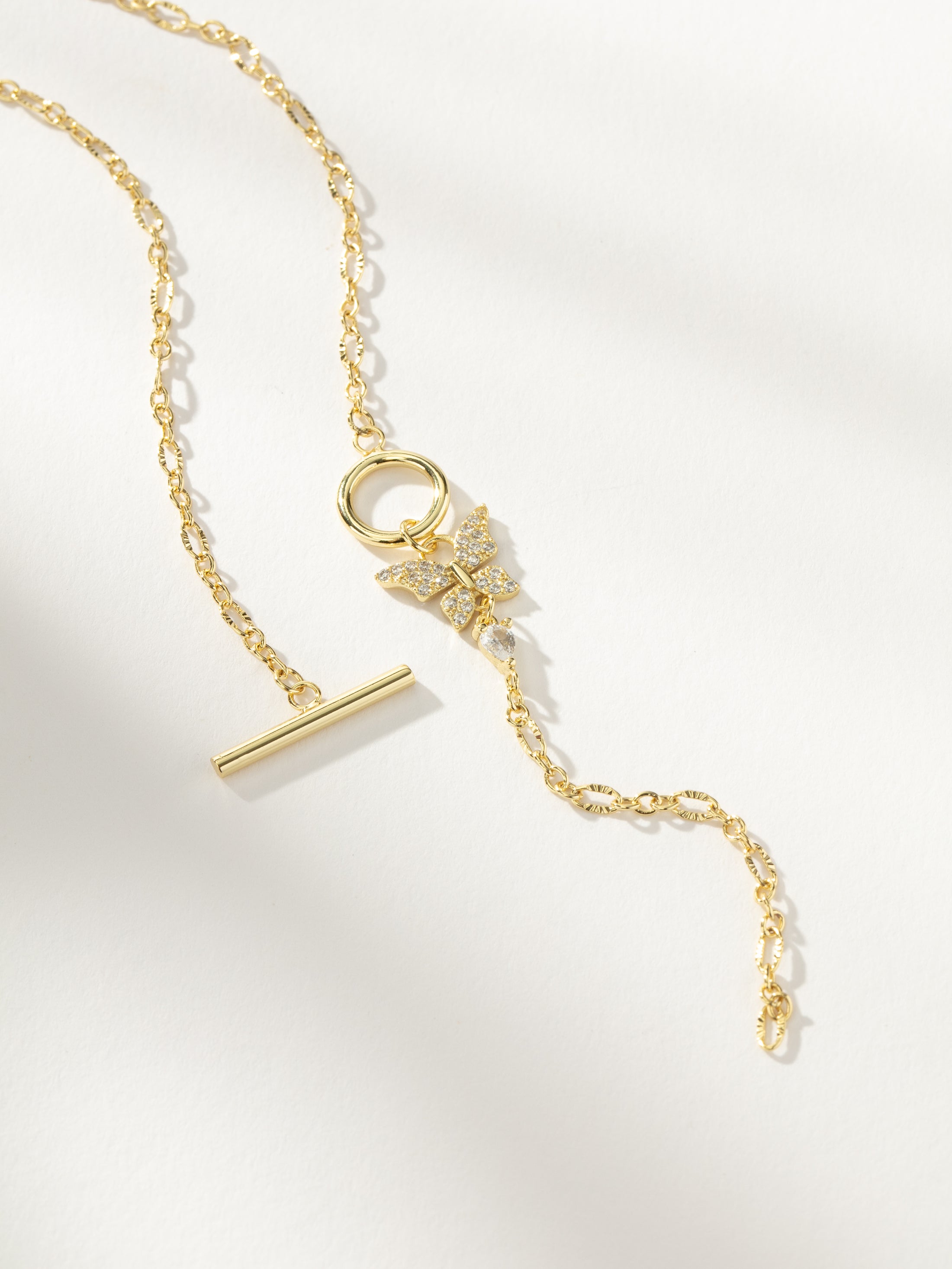 Pavé Butterfly and Chain Lariat Necklace in Gold | Uncommon James
