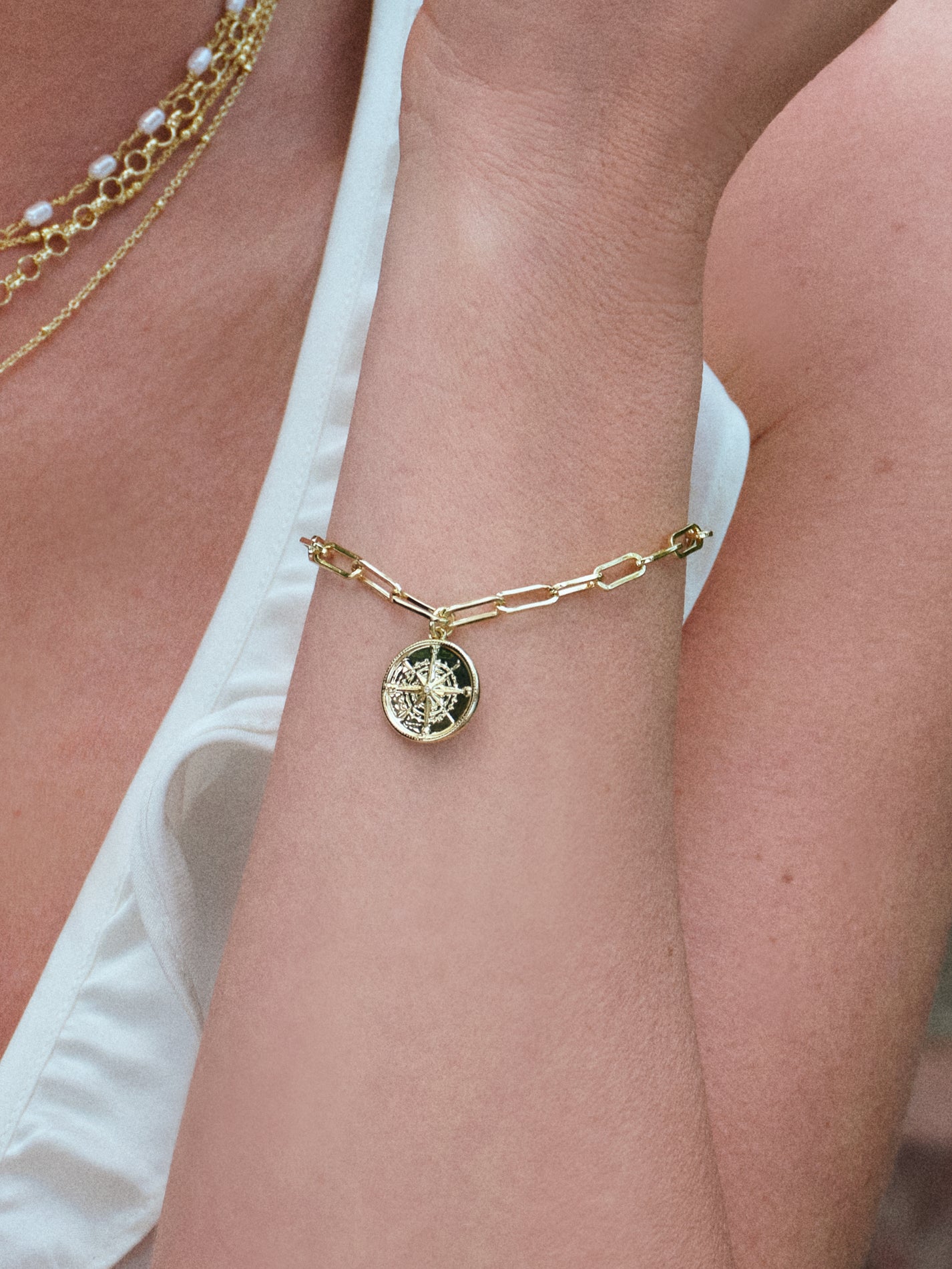 Gold Compass Pendant And Paperclip Chain Bracelet | Uncommon James