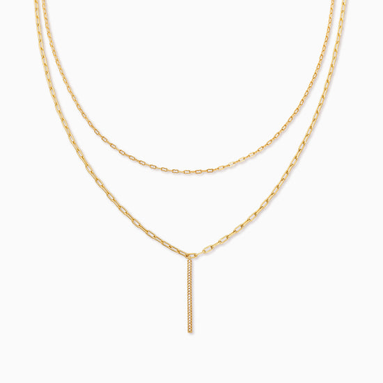 Gold Simple Pavé Bar + Double Chain Layered Necklace | Uncommon James